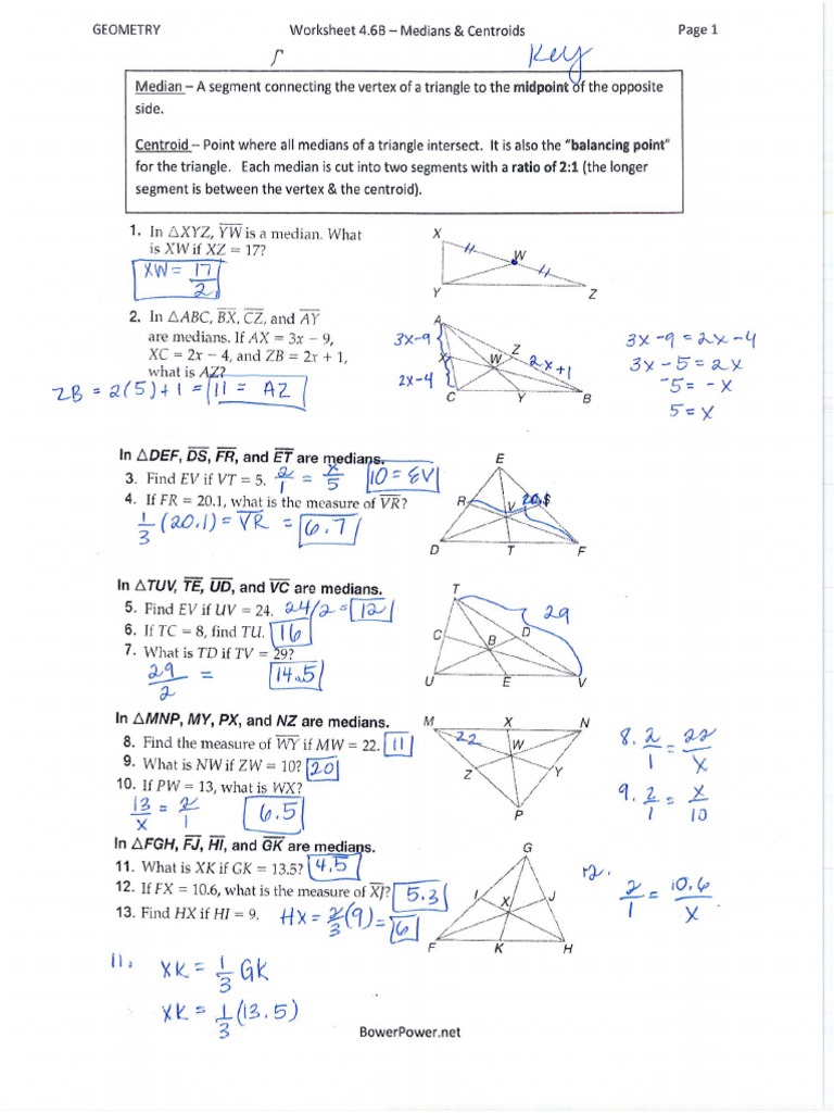 Medians and Centroids Ws Key | PDF