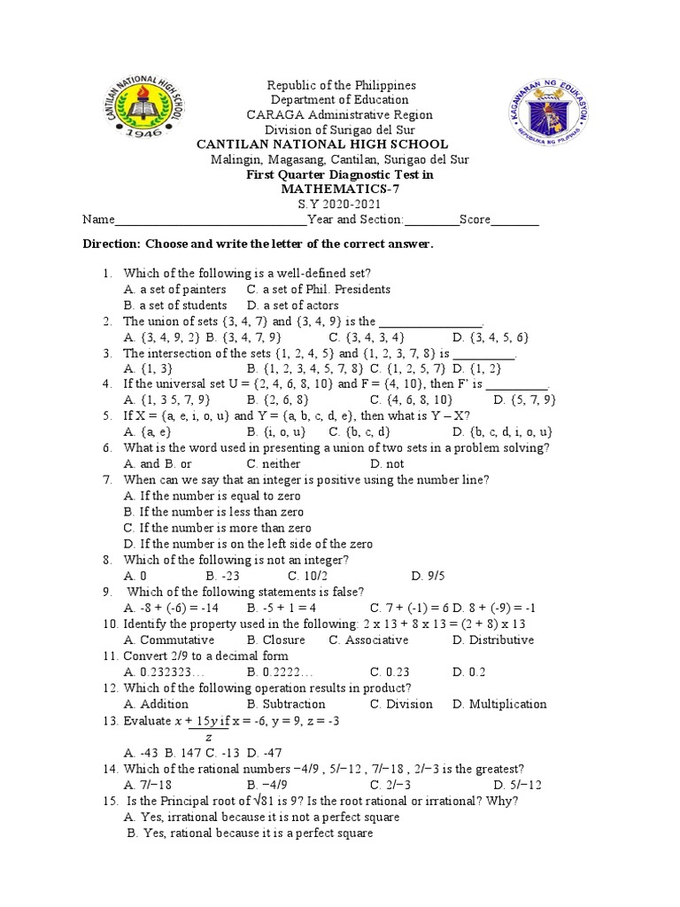 Q1 Diagnostic Test Math-7 | PDF | Rational Number | Numbers