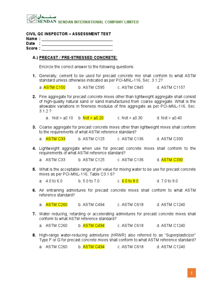 Civil QC Assessment Test Questioner (Precast & Prestressed Concrete ...