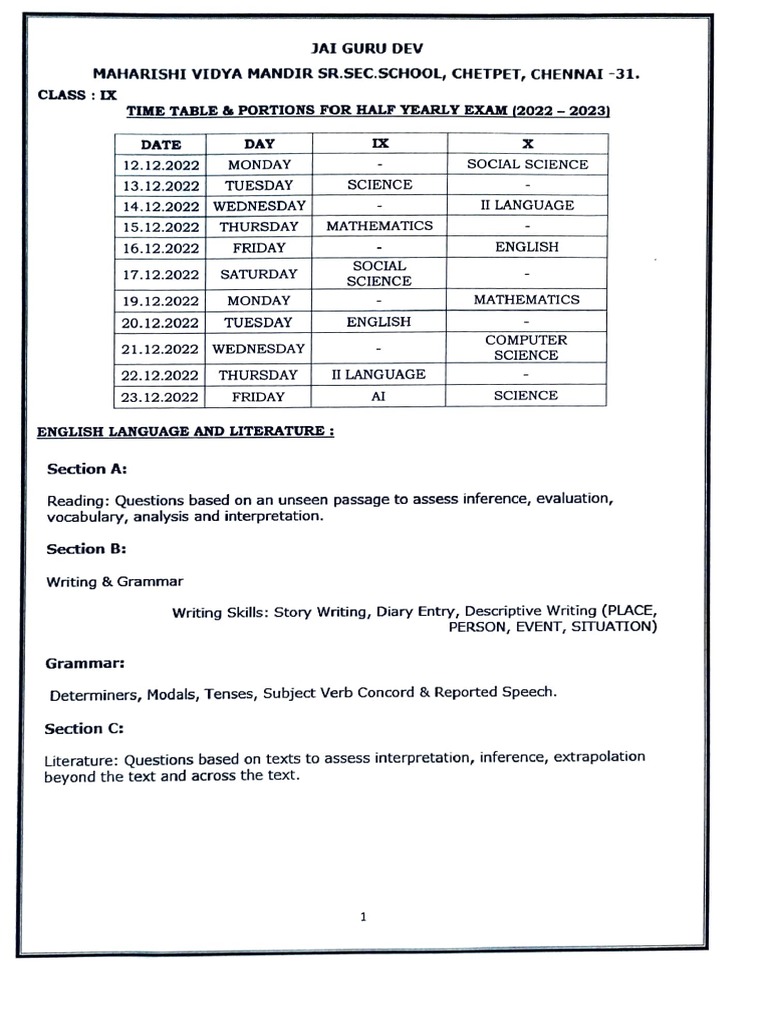 Class IX Half Yearly Portion & Time Table 2022 | PDF | English Language ...
