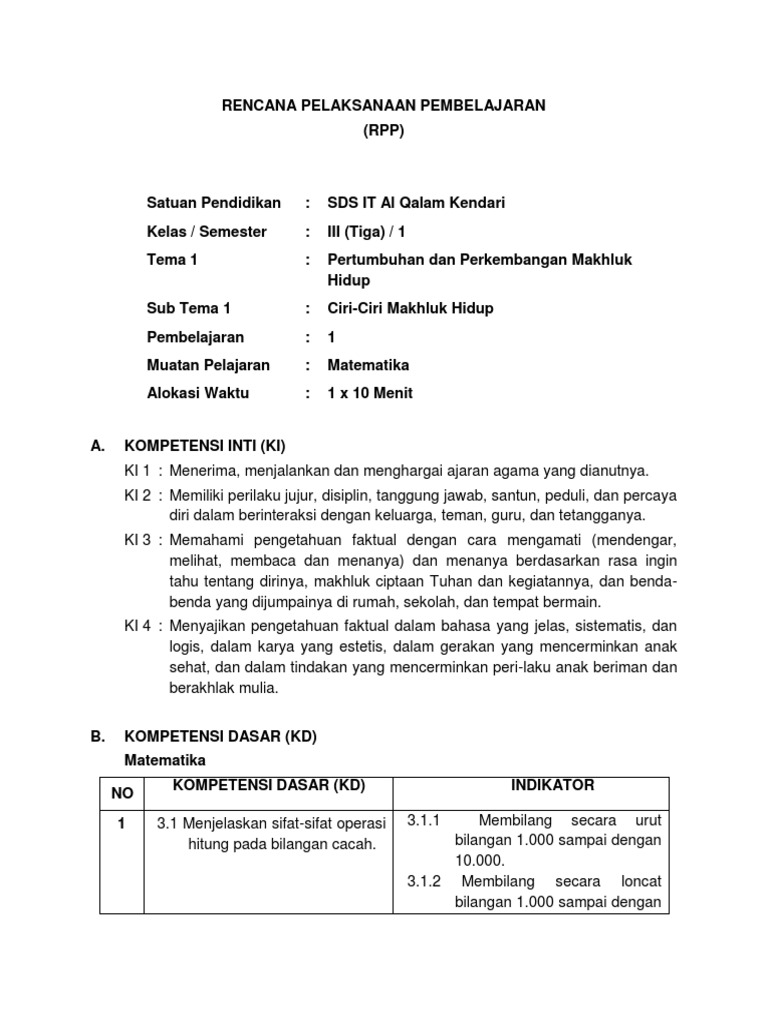 RPP Kelas 3 SD Tema 1 Subtema 1 Muatan Matematika | PDF
