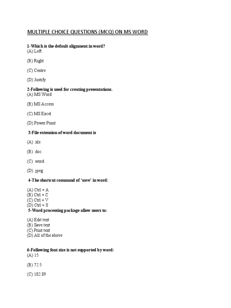Multiple Choice Questions | PDF | Microsoft Word | Text
