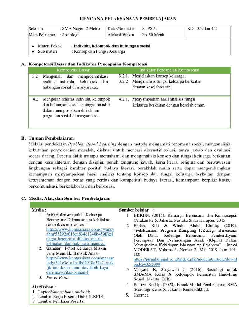 RPP Sosiologi Materi Konsep Dan Fungsi Keluarga | PDF | Kesehatan Holistik