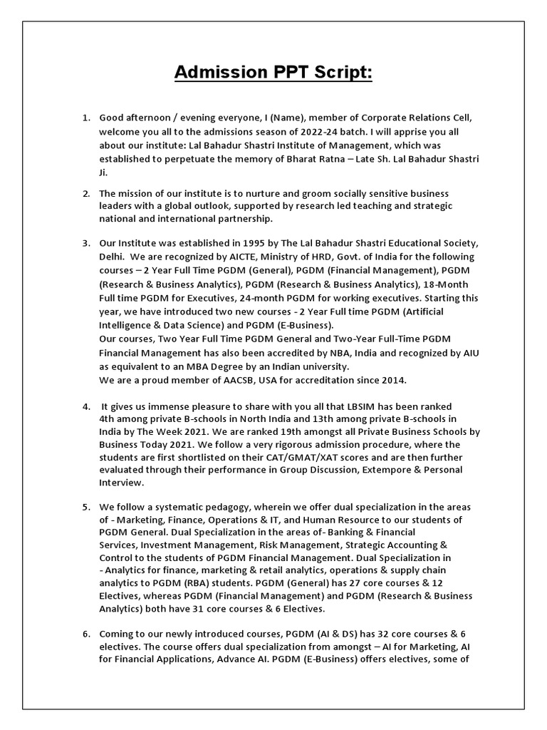 Admission PPT Script | PDF | Master Of Business Administration | Analytics