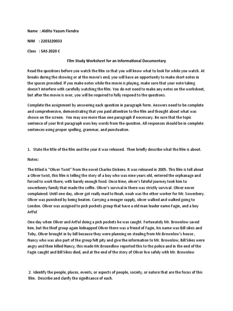Film Study Worksheet Oliver Twist - Aldito Yazum Fiendra | PDF | Nancy ...
