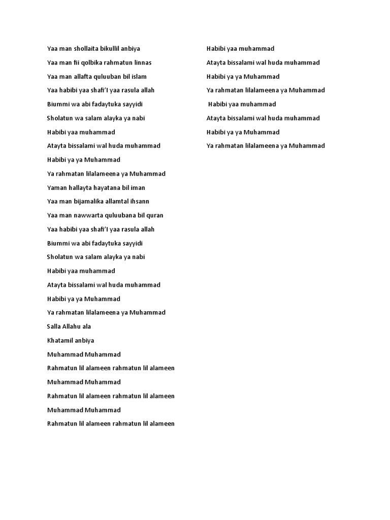 Yaa Man Shollaita Bikullil Anbiya | PDF