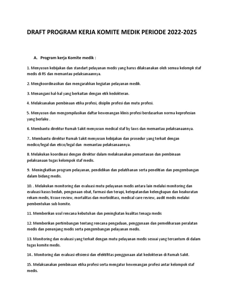 Draft Program Kerja Komite Medik Periode 2022 | PDF