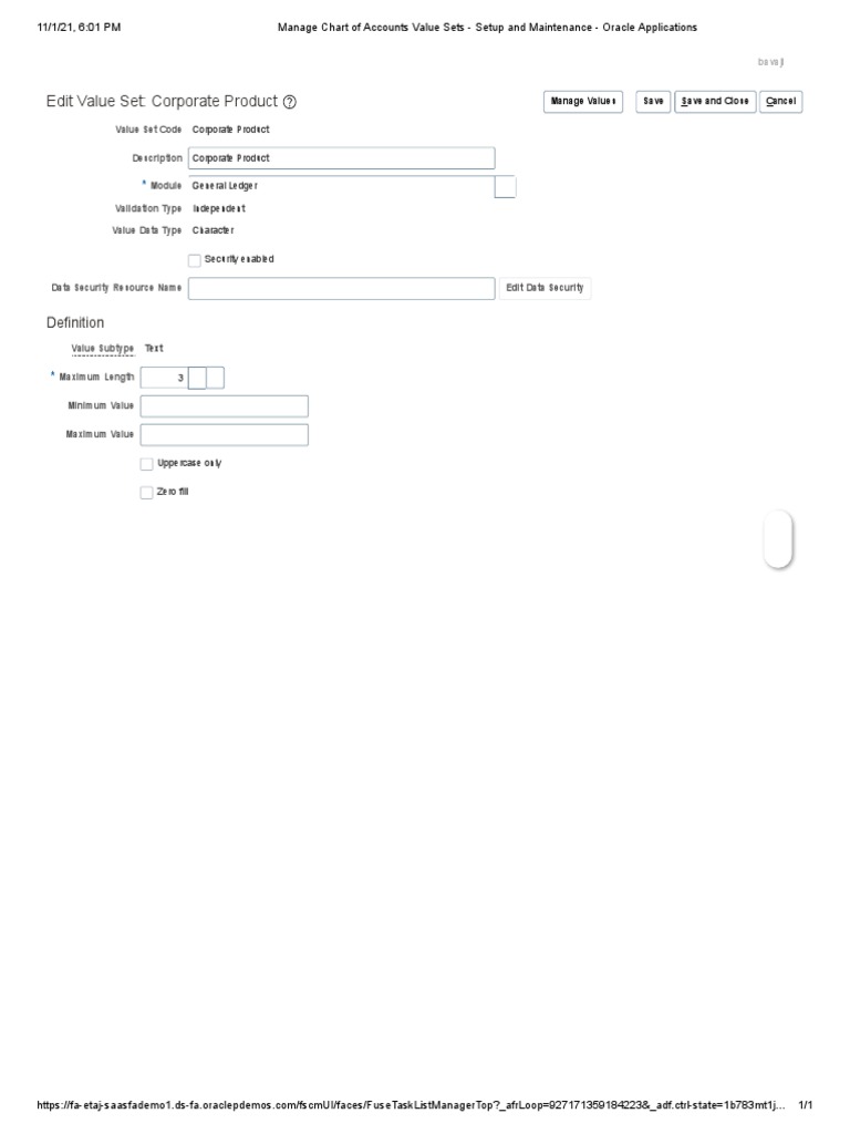 Manage Chart of Accounts Value Sets - Corporate Product | PDF