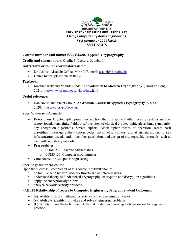 ENCS4320 Applied+Cryptography First+semester2022 23 | PDF ...