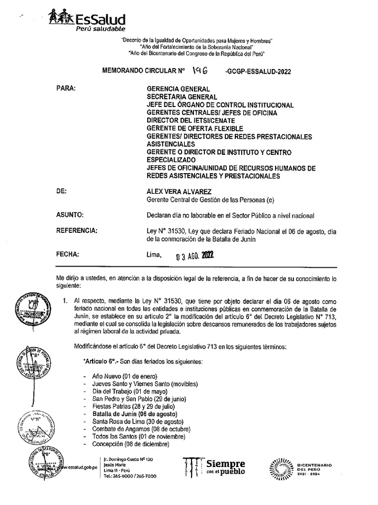 Memorando Circular N 196-Gcgp-Essalud-2022 | PDF