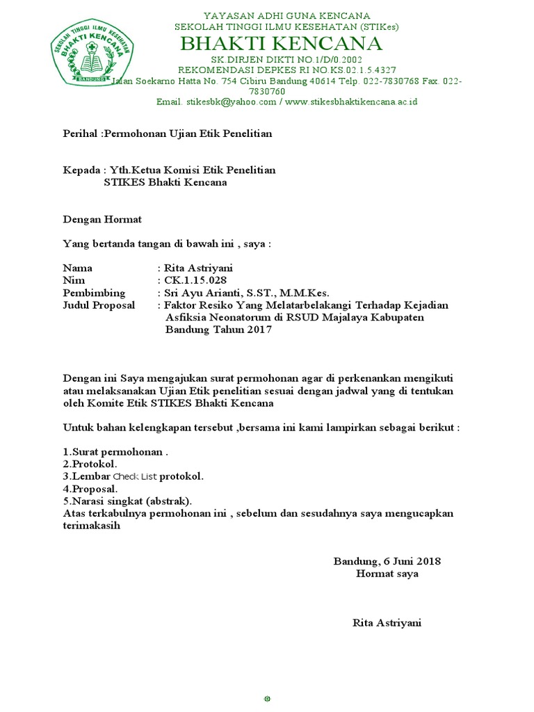 Surat Permohonan Kelayakan Etik | PDF