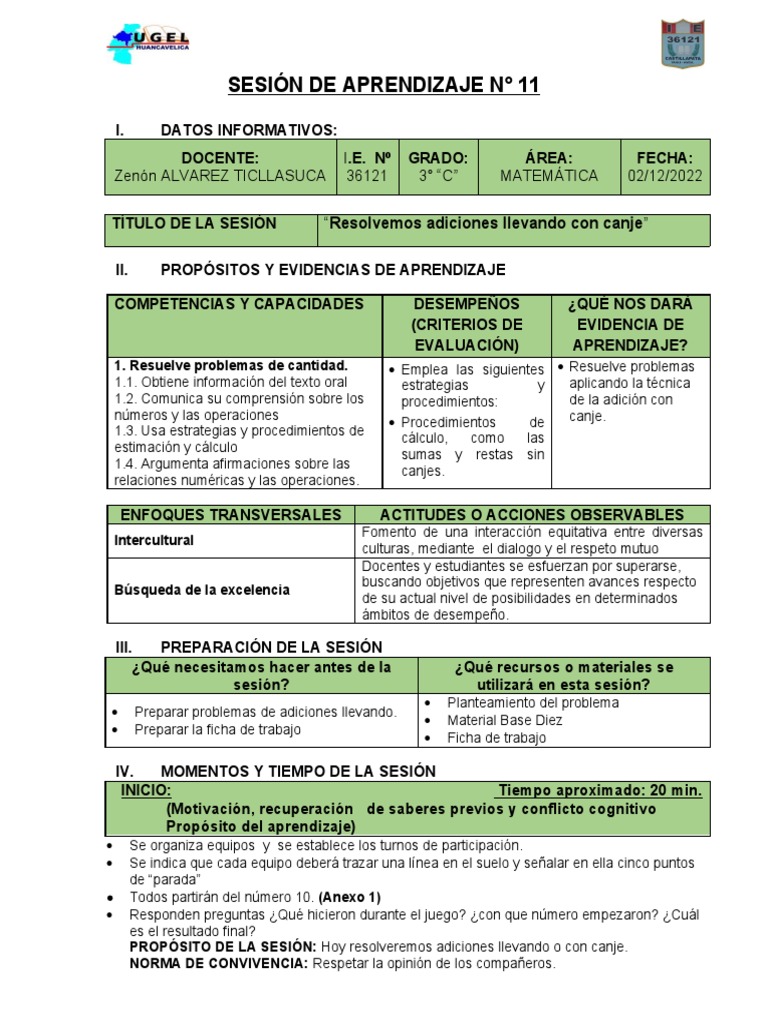 Sesión #11 Matematica (Resolvemos Adiciones Llevando) | PDF | Aprendizaje | Evaluación