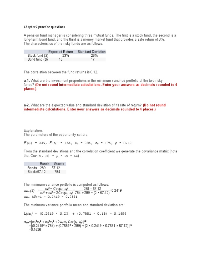 Chapter7 Practice Questions | PDF | Standard Deviation | Sharpe Ratio