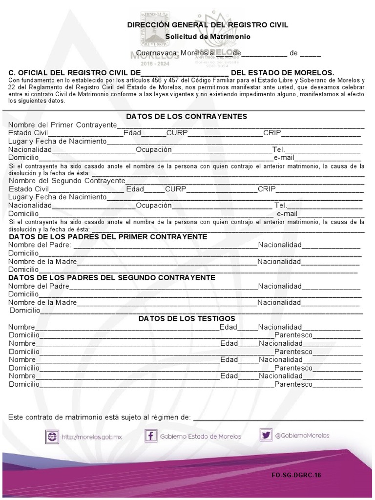 Solicitud de Inscripcion de Registro de Matrimonio y Reverso 2019 | PDF | Matrimonio ...