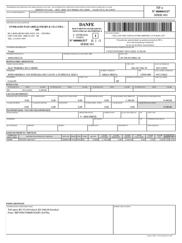 Danfe: SÉRIE 001 | PDF | Recibo | Comércio