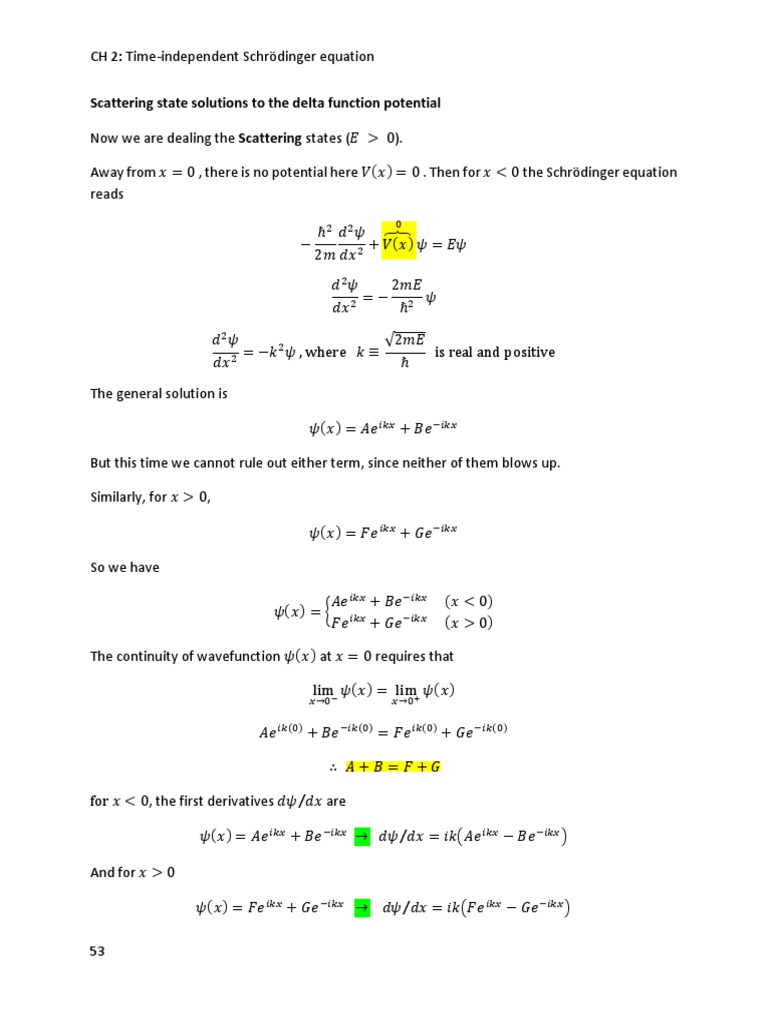 Scattering State Solutions To The Delta Function Potential | PDF | Wave Function | Scientific ...