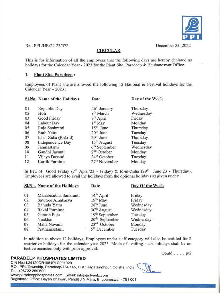 Circular - Holidays For The Year 2023 | PDF