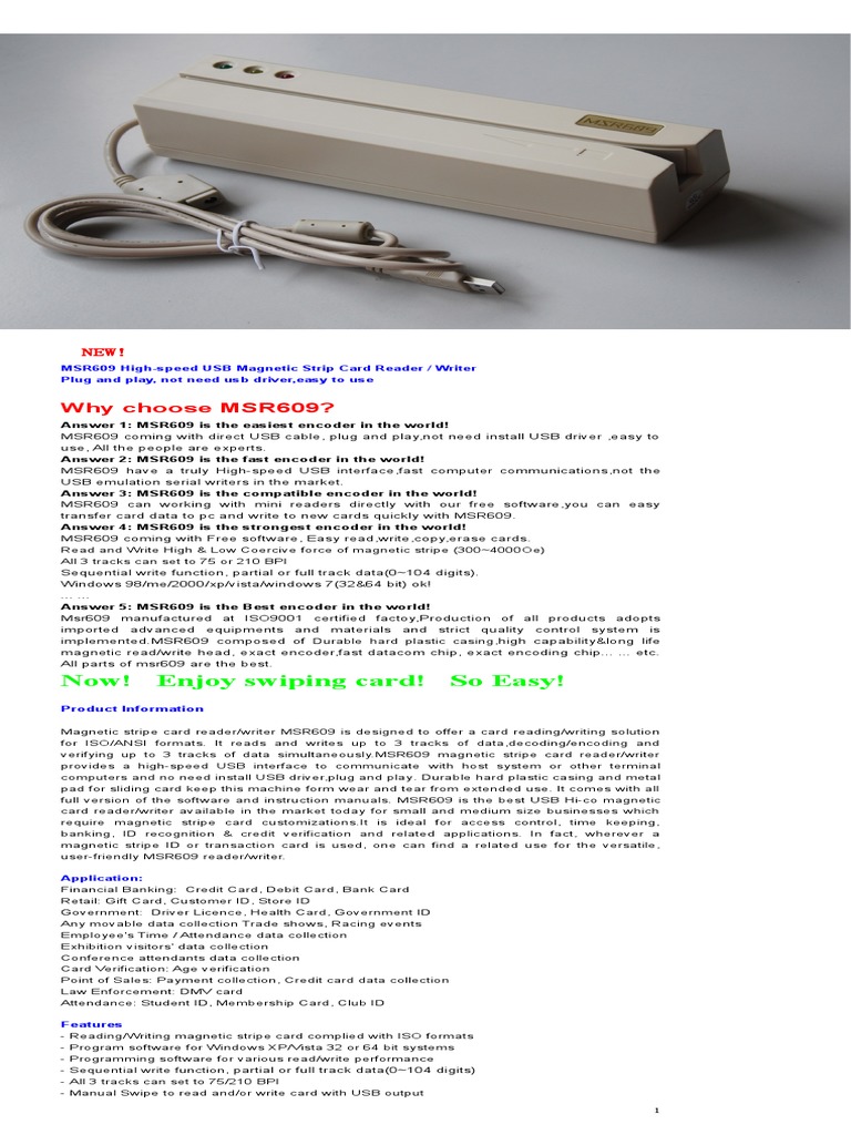 MSR609 | PDF | Usb | Credit Card