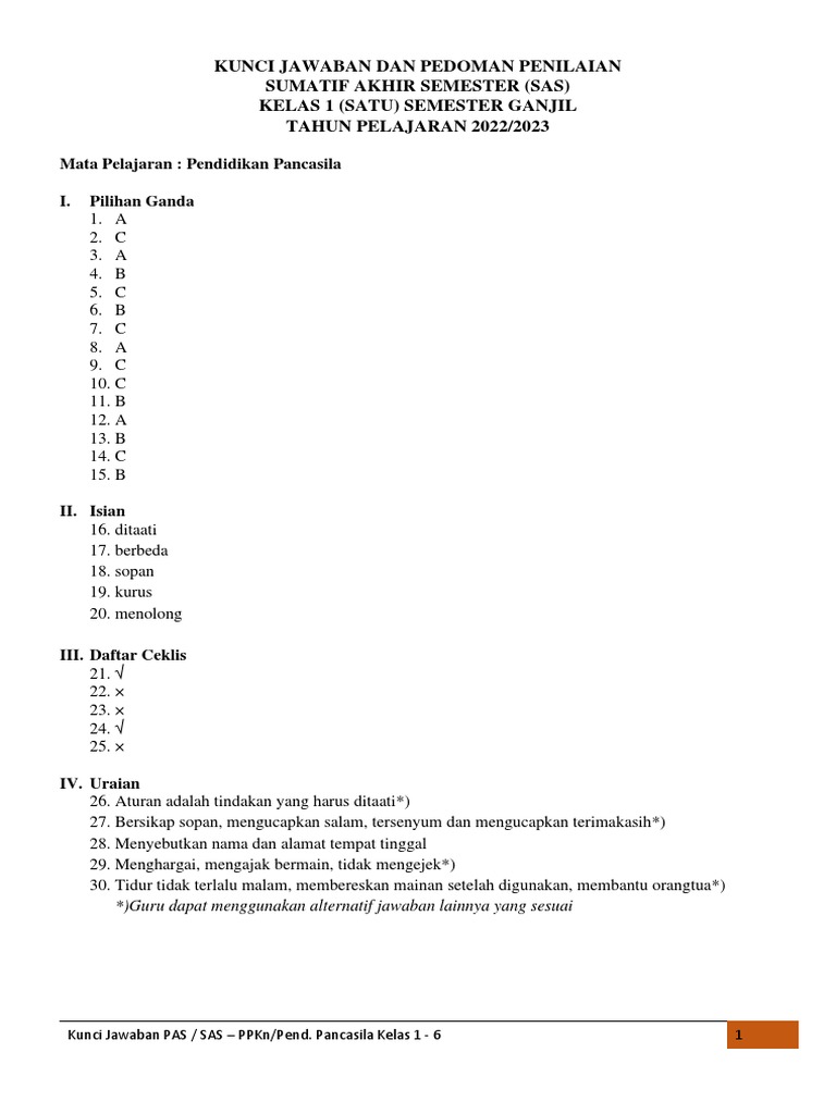 Kunci Jawaban Pas-Sas PPKN-PP Kelas 1-6 | PDF
