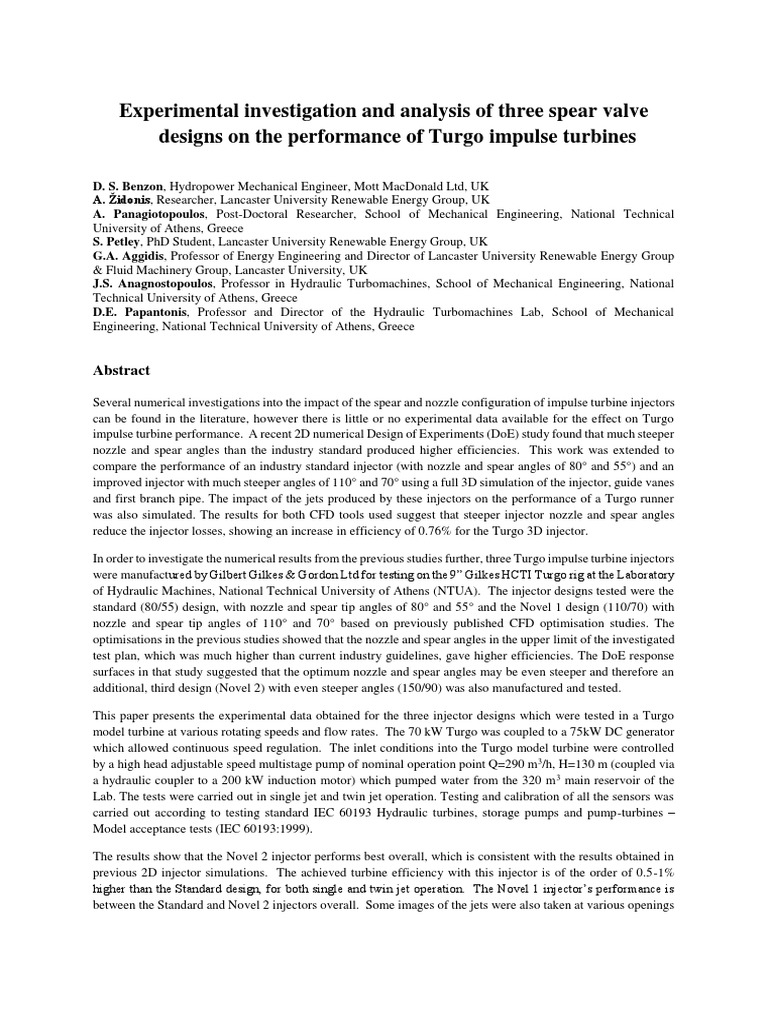 Experimental investigation of three Turgo impulse turbine injector ...