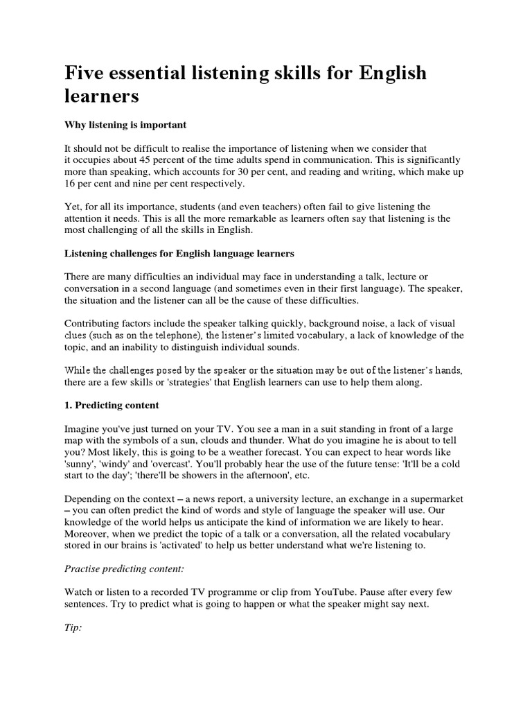 Five Essential Listening Skills For English Learners | PDF | Learning ...