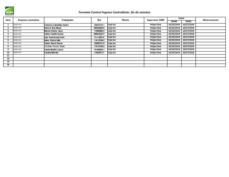 Formato Listado Contratista, Jemza Spa | PDF