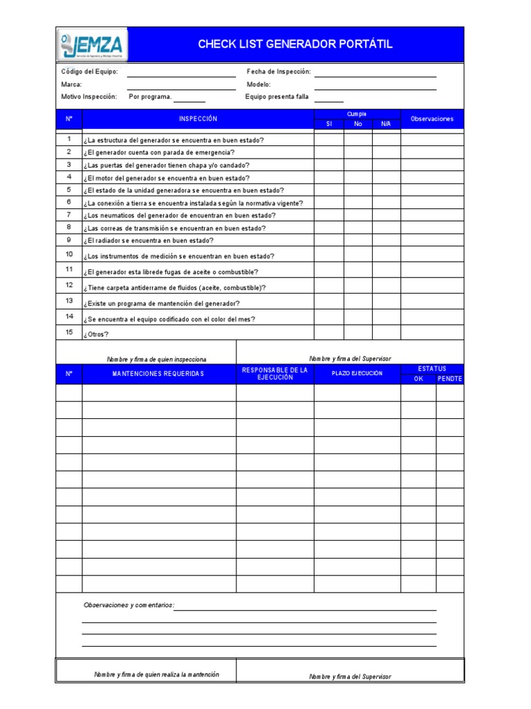 Check List Generador Portátil. | PDF