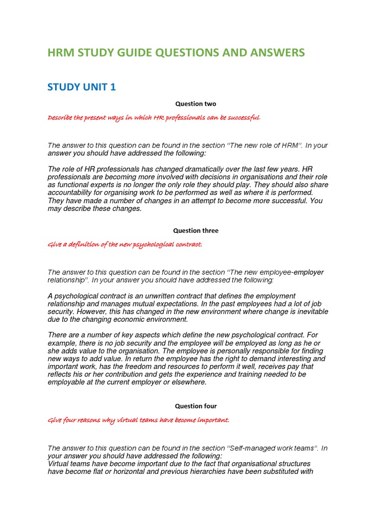 HRM Study Guide Questions and Answers | PDF | Leadership | Strategic ...