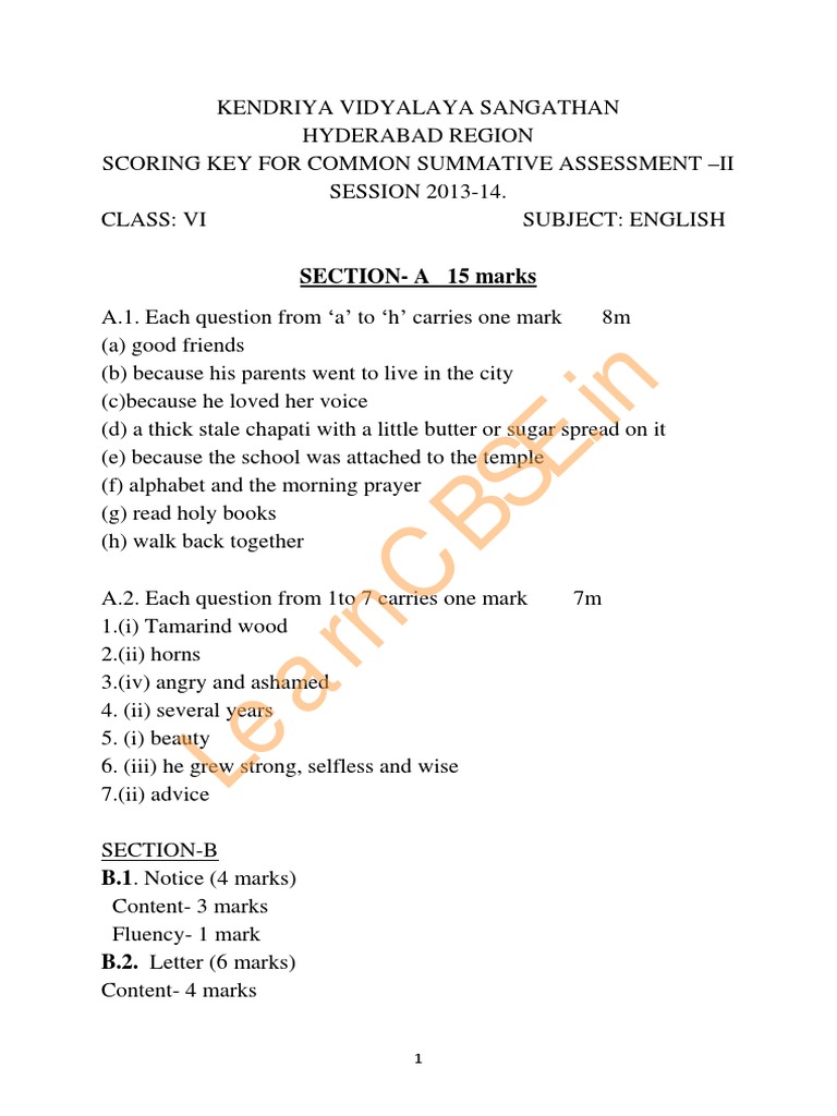 Answer Key CBSE Sample Papers For Class 6 English SA 2 | PDF