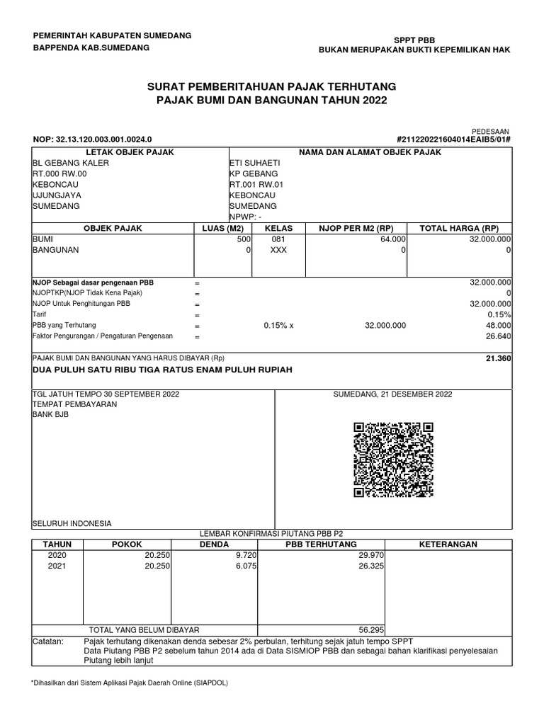 SPPT PBB Sumedang 2022: Detail Pembayaran | PDF