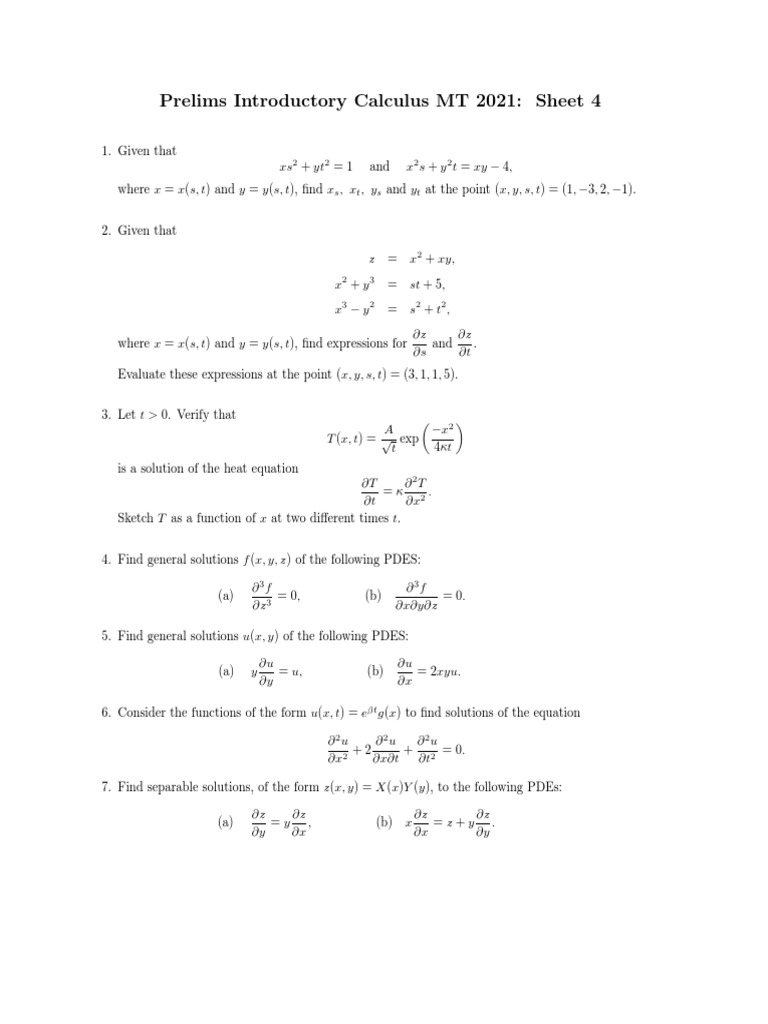 Prelims Calculus Sheet 4 | PDF | Partial Differential Equation ...
