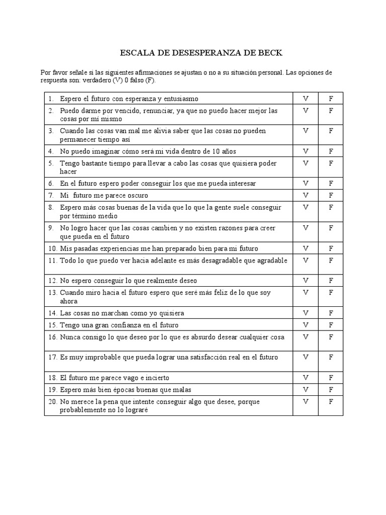 Escala de Desesperanza de Beck | PDF