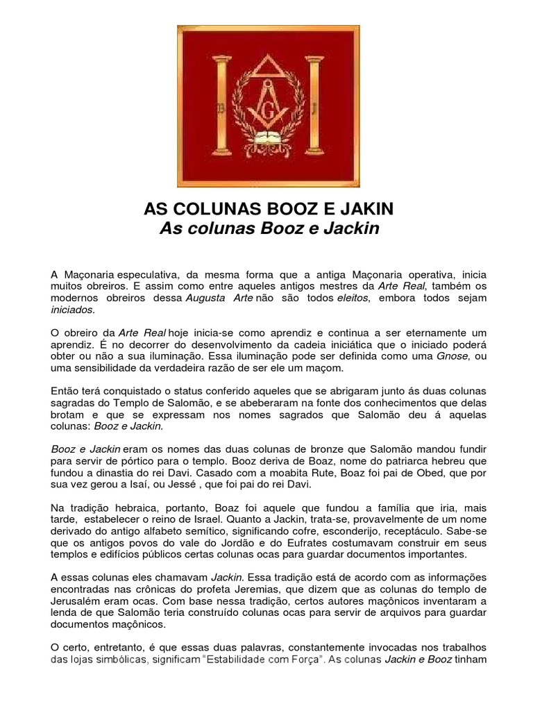 As Colunas Booz e Jakin | PDF | Loja Maçônica | Salomão