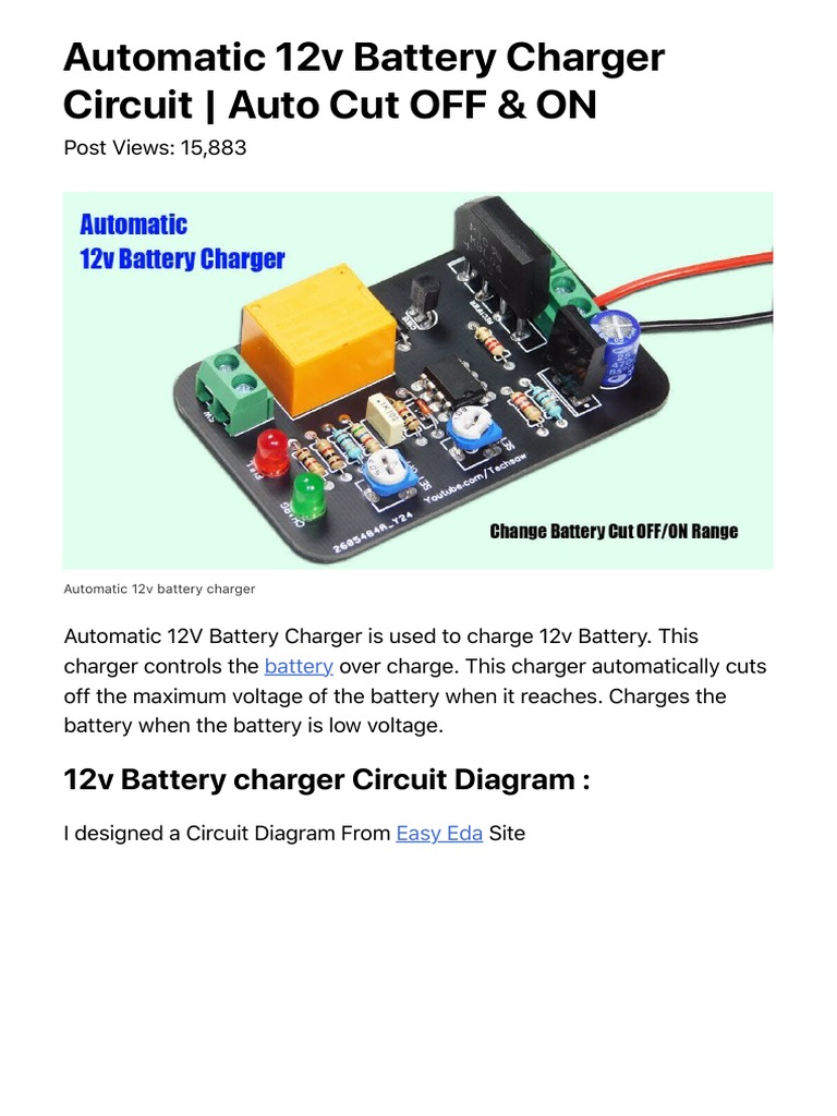 Automatic 12v Battery Charger Circuit - Auto Cut OFF & On - TechSaw | PDF