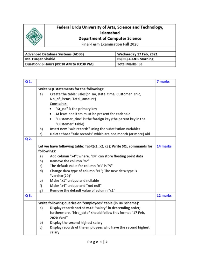 ADBS Final Term (Sections A and B) | PDF | Computer Programming | Data ...