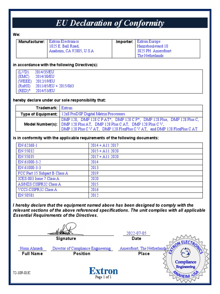 60-1512-01 Declaration of Conformity | PDF
