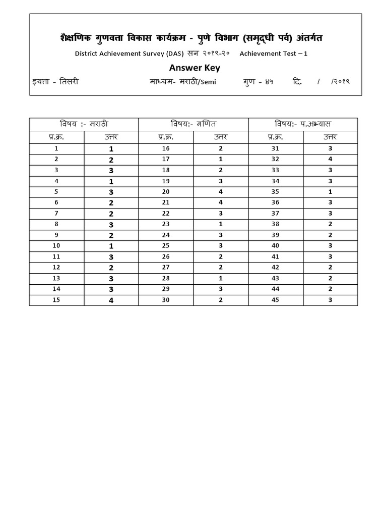 Answer Key Std.3 M - Marathi | PDF