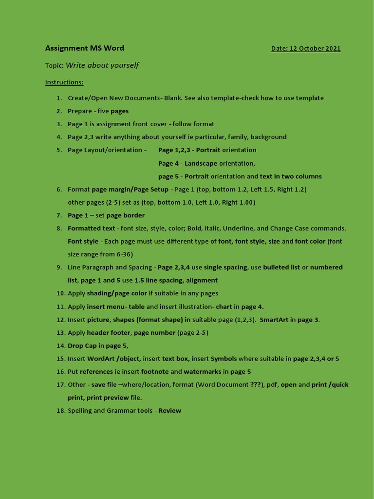 MS Word Assignment on Writing About Yourself | PDF