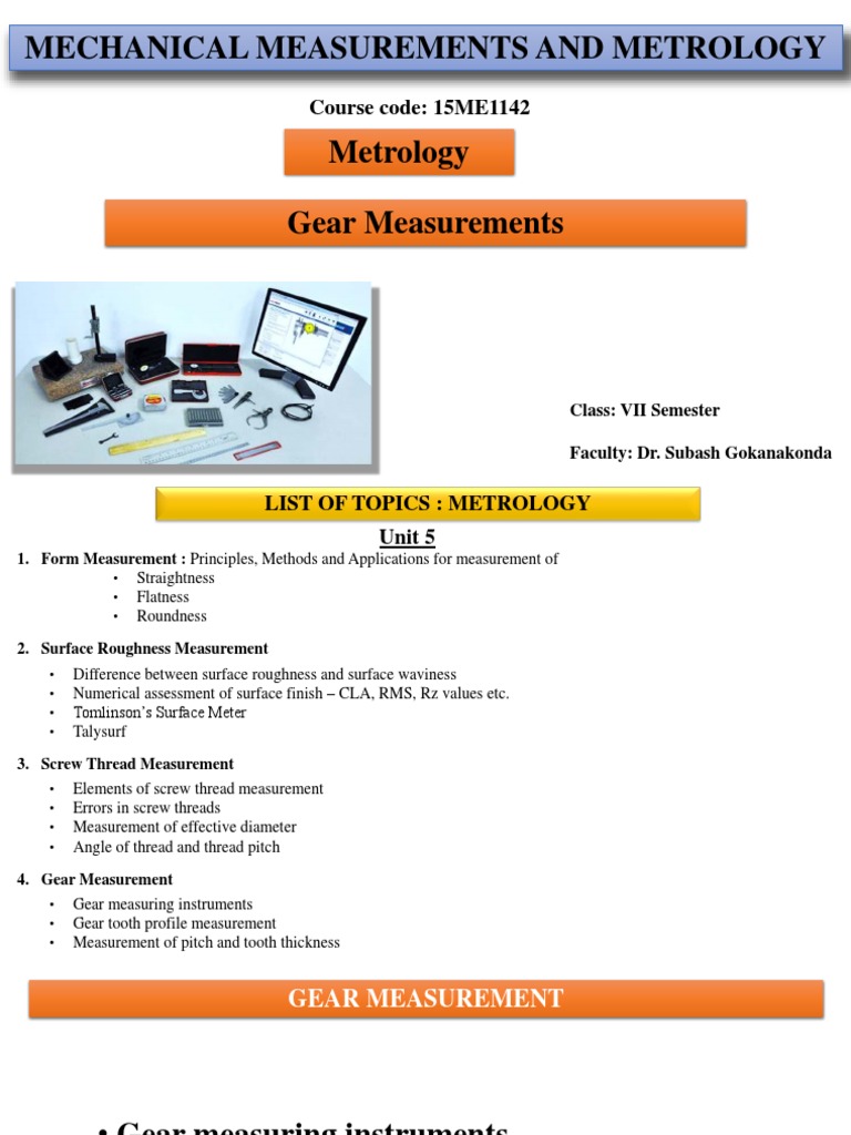 MMM Lecture - Unit 5 - Metrology - Gear Measurement | PDF | Gear | Mechanical Engineering
