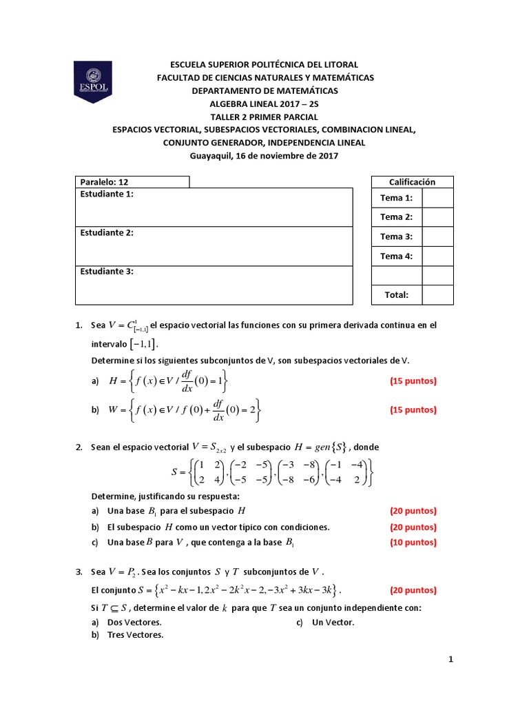 Taller 2 Algebra Lineal Espol | PDF | Espacio vectorial | Subespacio lineal