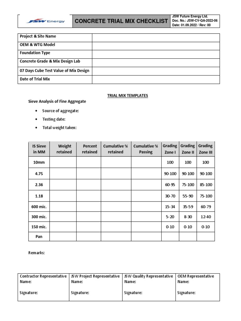 Concrete Trial Mix Checklist - 01.09.2022 | PDF | Concrete ...