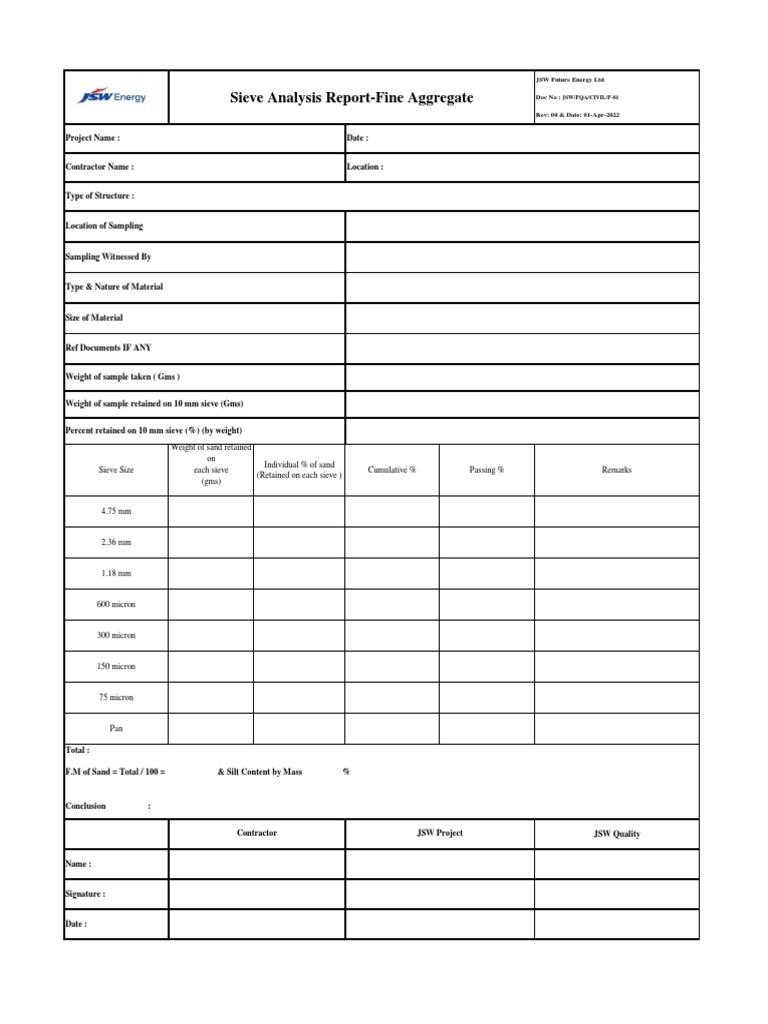 JSW PQA CIVIL F-01 - Sieve Analysis Report-Fine Aggregate | PDF