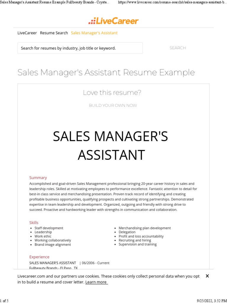 Sales Manager's Assistant Resume Example Fullbeauty Brands - Crystal ...