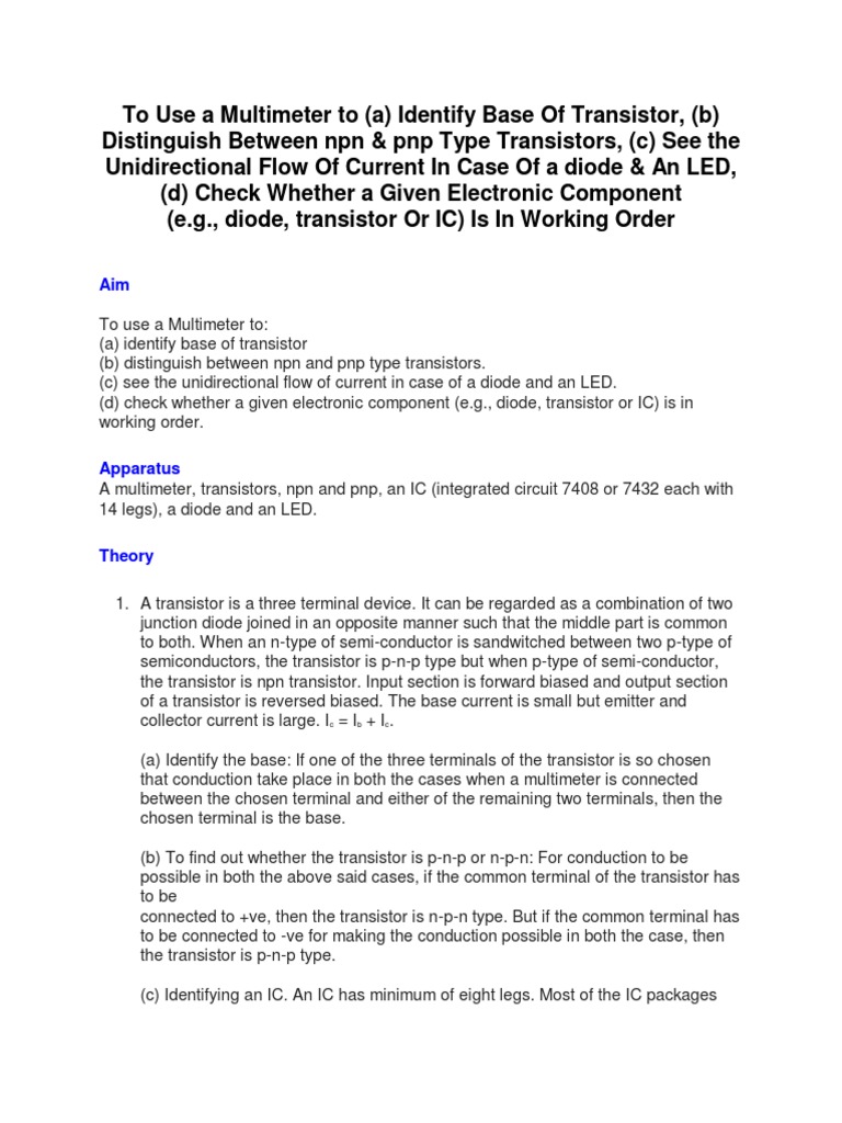 Identify Transistor Terminals with Multimeter | PDF | Bipolar Junction ...