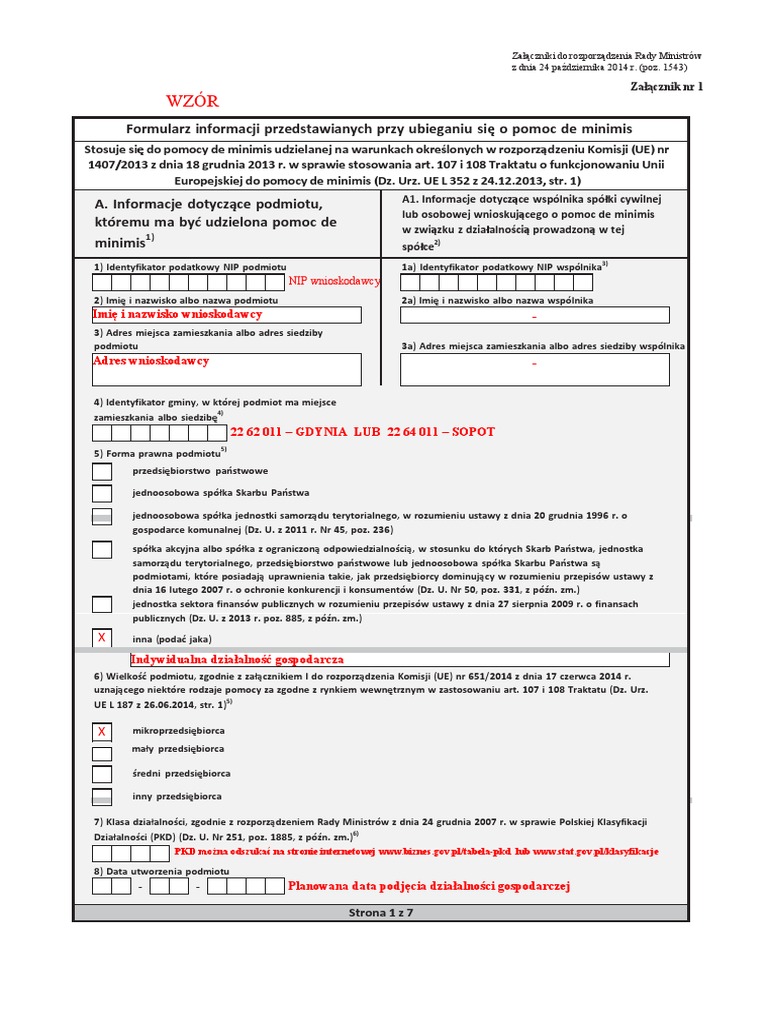 Wzór Wypełnienia Formularza de Minimis (Załącznik NR 1 Do Wniosku) | PDF Wzór Wypełnienia Formularza de Minimis (Załącznik NR 1 Do Wniosku) | PDF