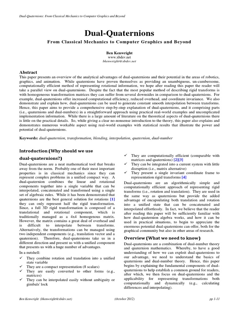 Dual Quaternions Pdf Euclidean Vector Matrix Mathematics