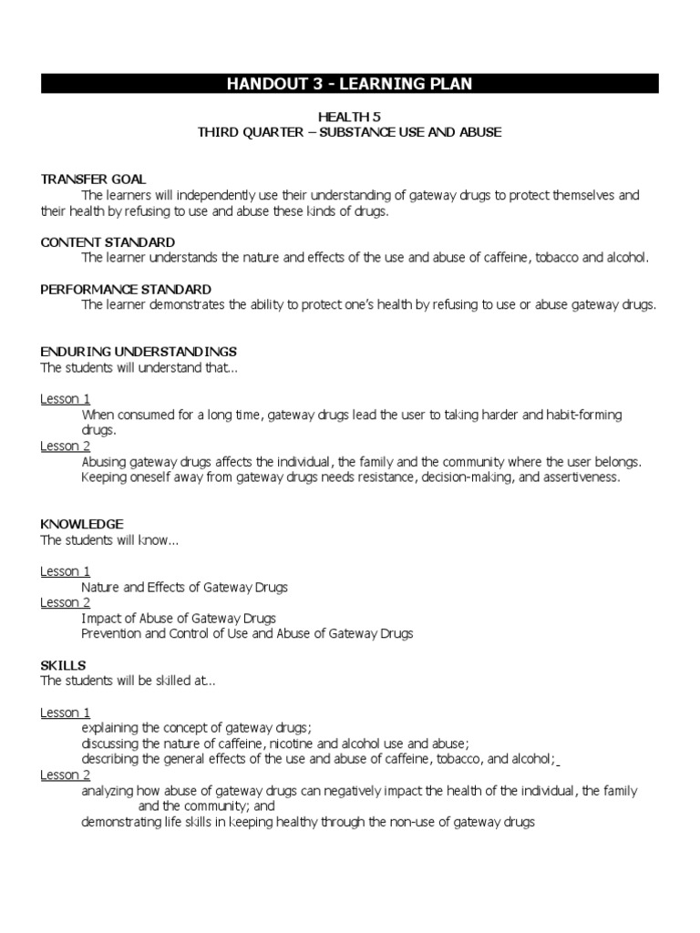 3 Learning Plan MAPEH Health 5 Q3 | PDF | Substance Abuse | Drugs