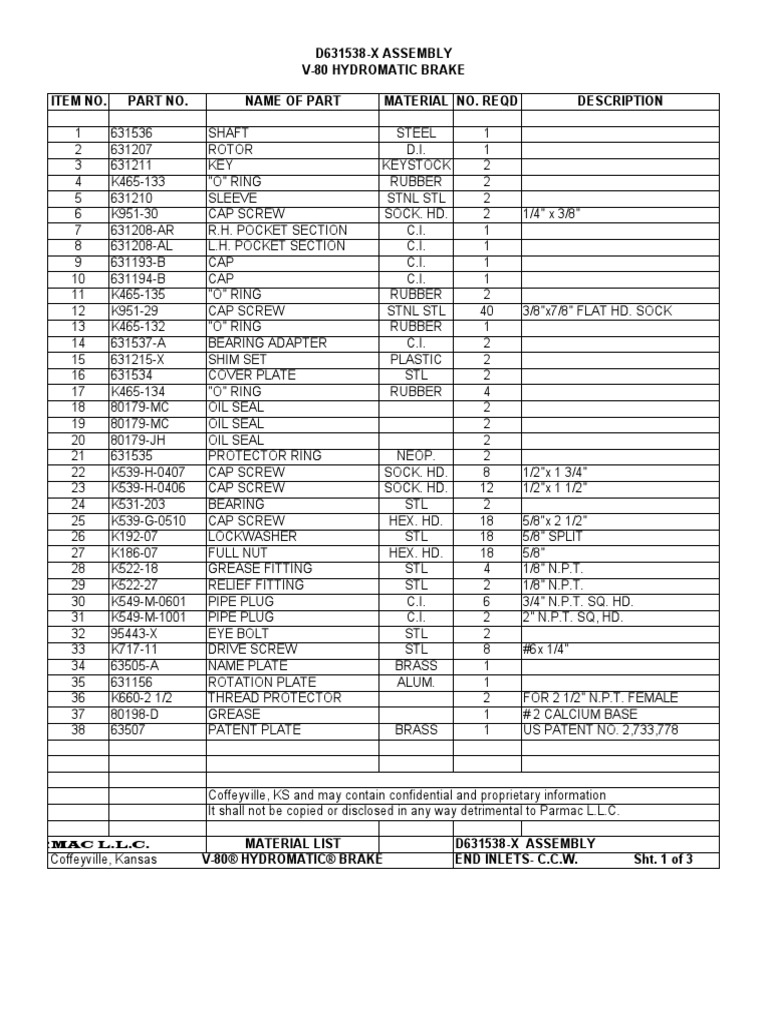 Parmac V-80 Brake - Assy # D631538-X - Parts List | PDF | Screw ...