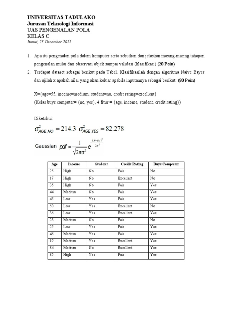 Soal UAS Pengenalan Pola Informatika | PDF
