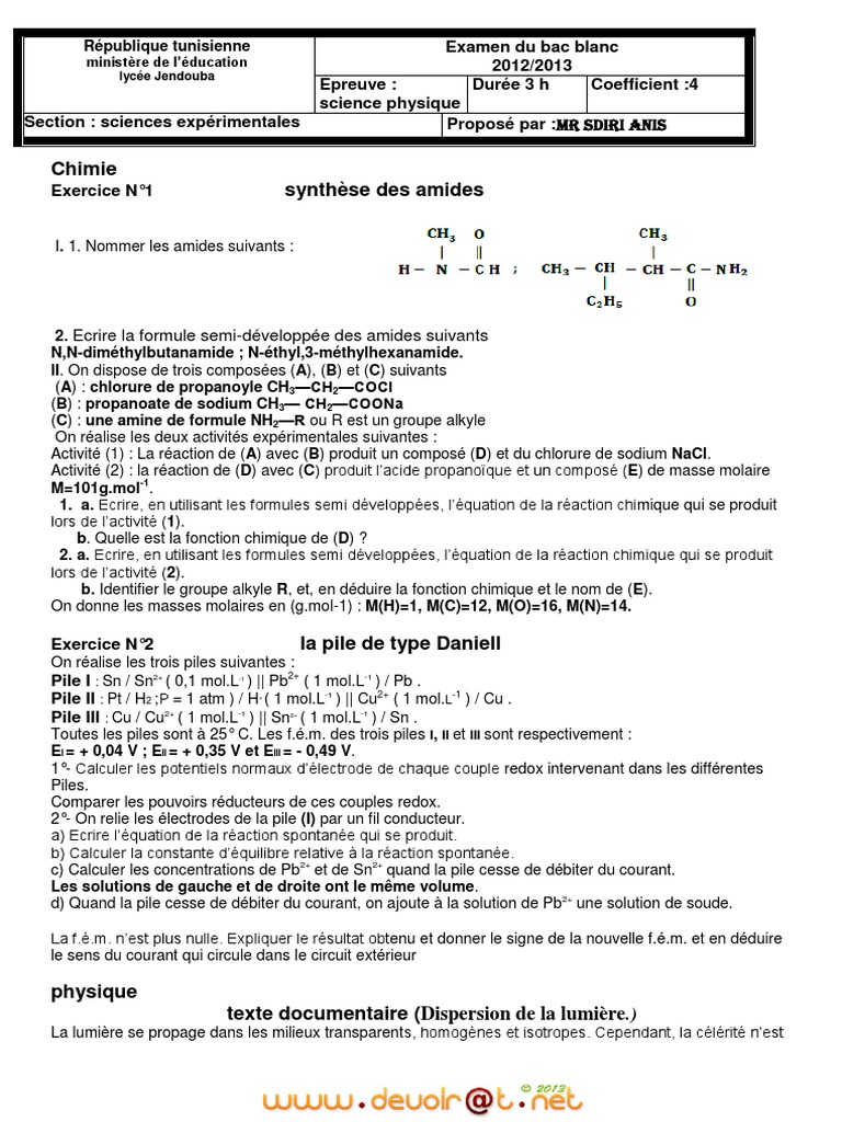 Devoir de Synthèse N°3 - Sciences Physiques - Bac Sciences Exp (2011 ...